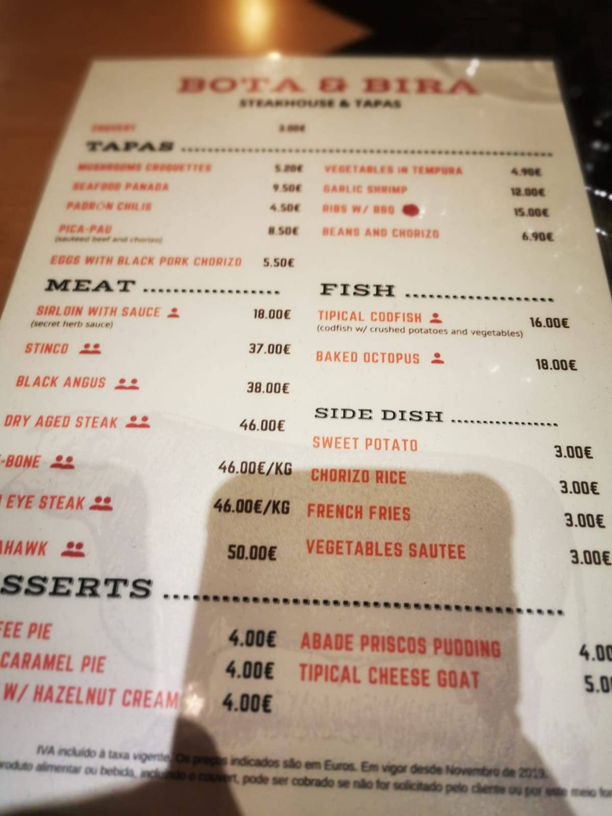 Menu at Bota&Bira BBQ, Porto