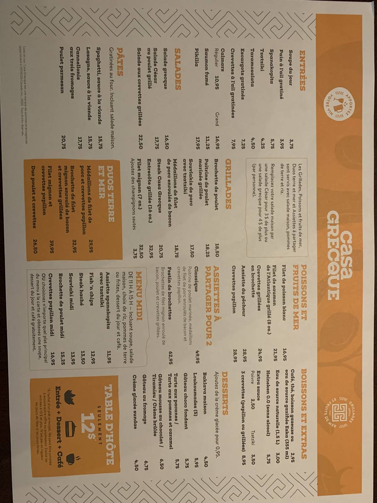 Menu au Casa Grecque BBQ, Terrebonne