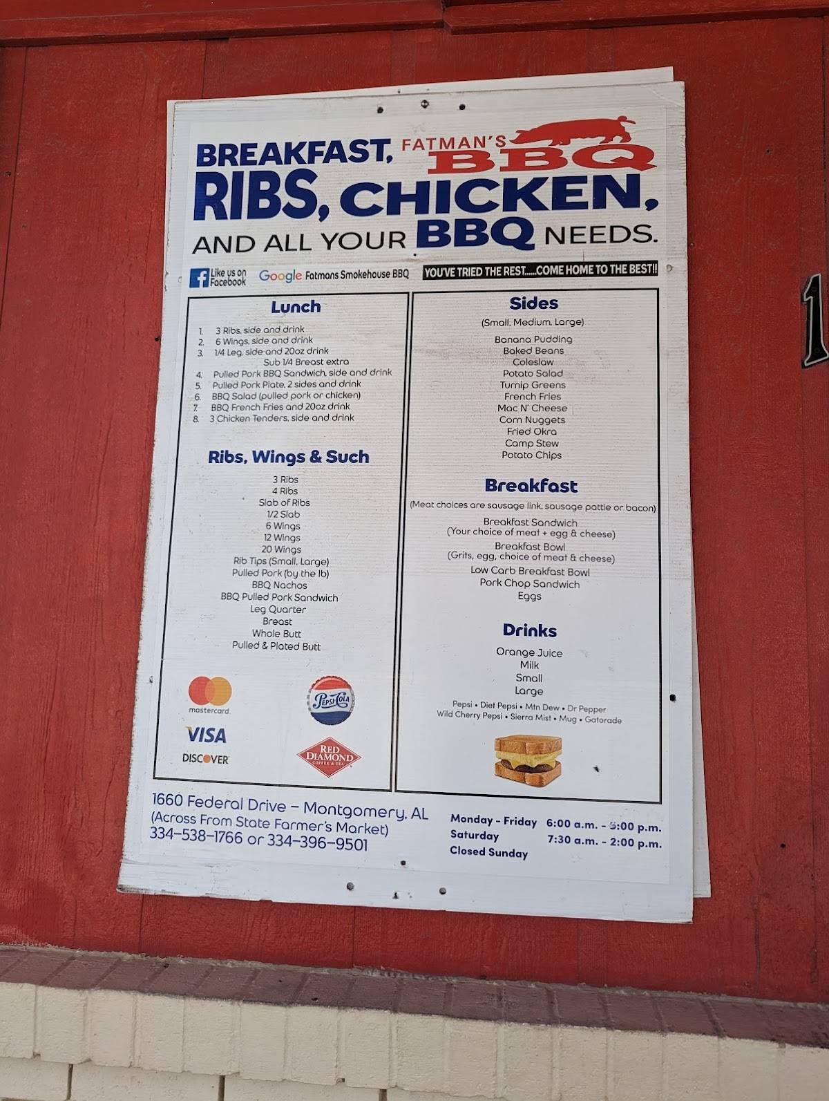 Menu at Fat Man's Smokehouse BBQ, Montgomery, Federal Dr
