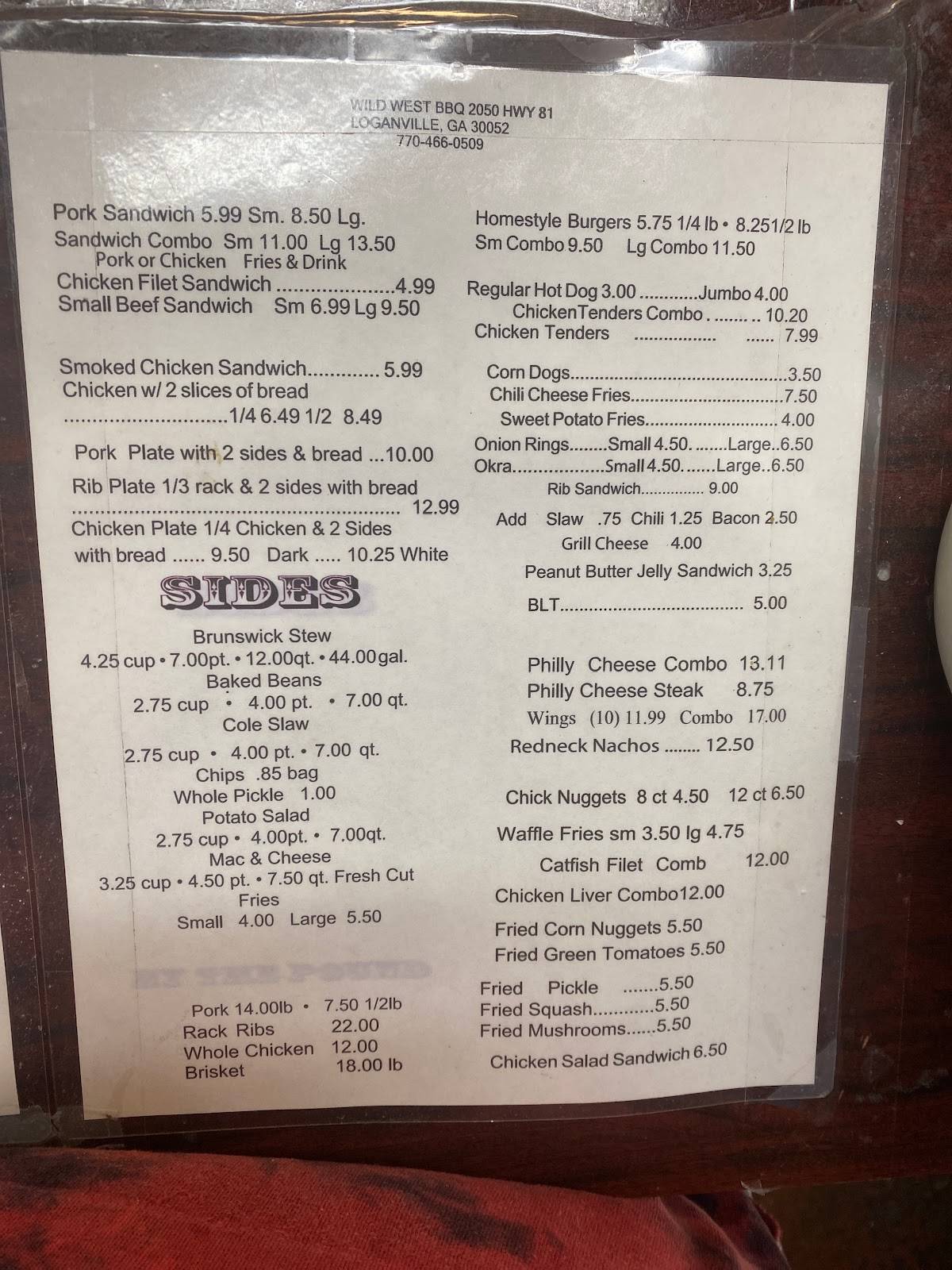 Menu at J & L Wild West Barbeque, Loganville, Hwy 81