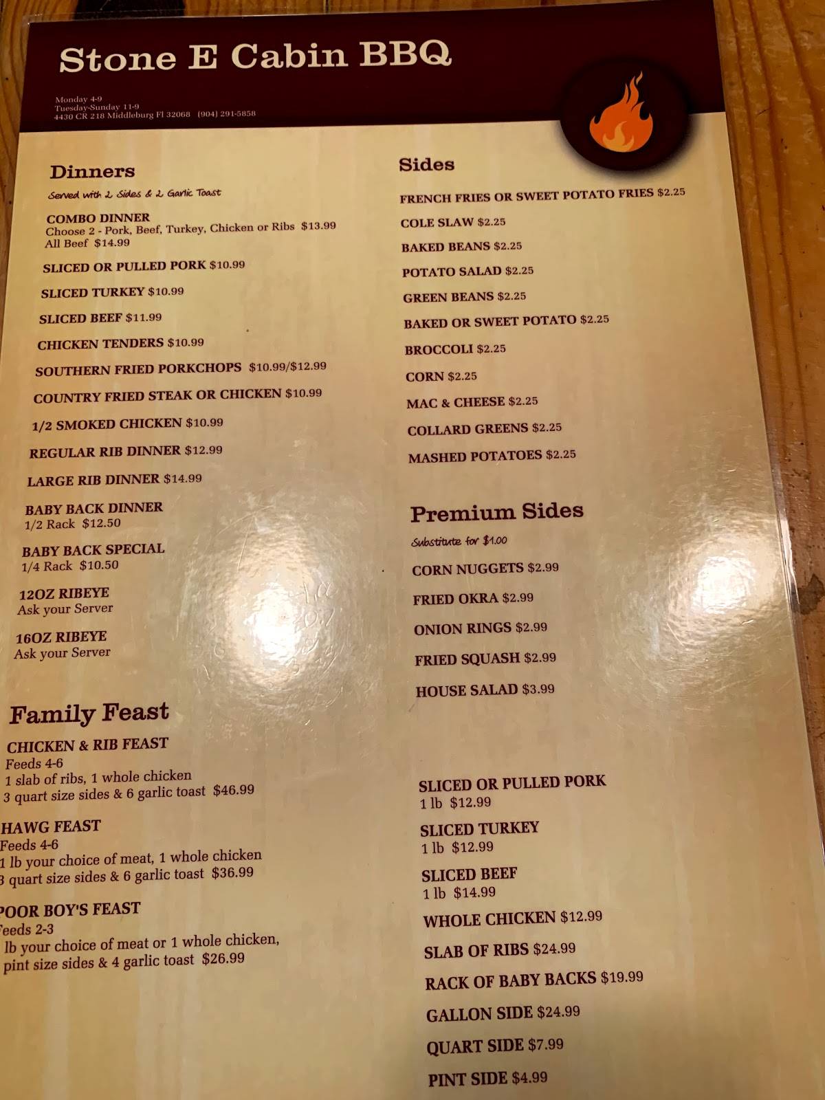Menu at Stone E Cabin BBQ, Middleburg