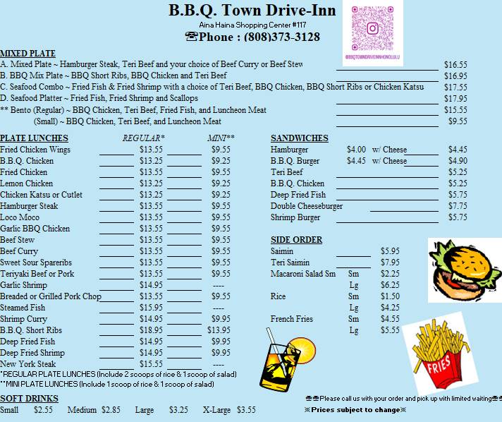 Menu at BBQ Town Drive Inn, Honolulu