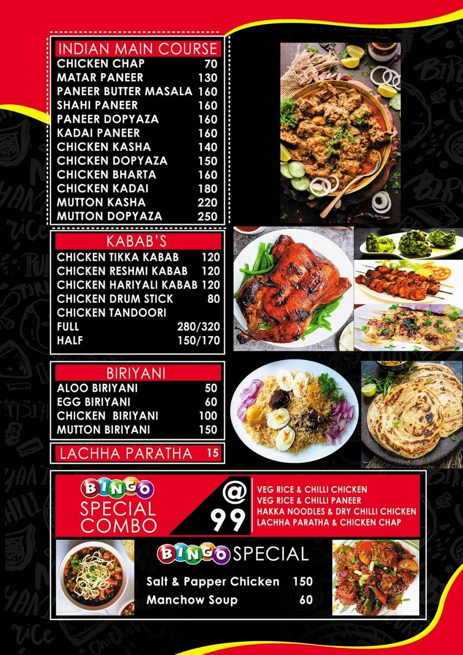 Menu at BINGO, Kolkata, Sajirhat