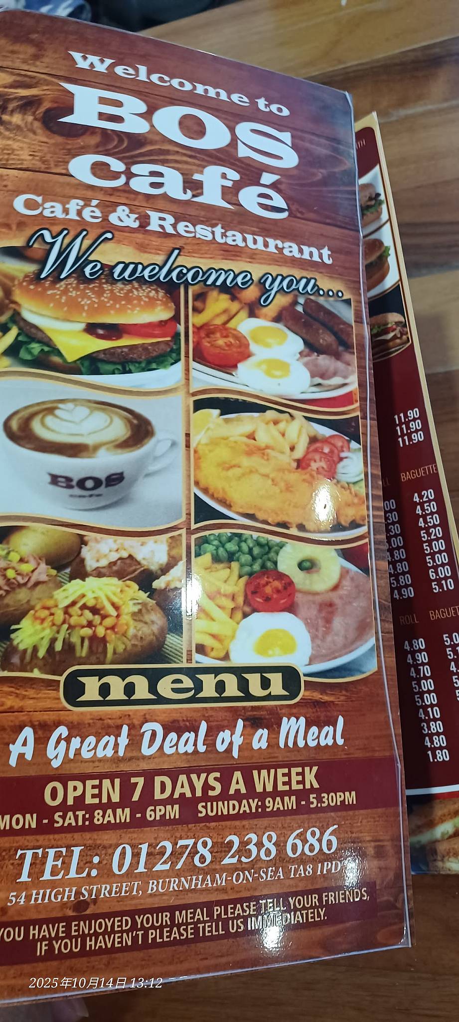 Menu at BOS Cafe, Burnham-on-Sea