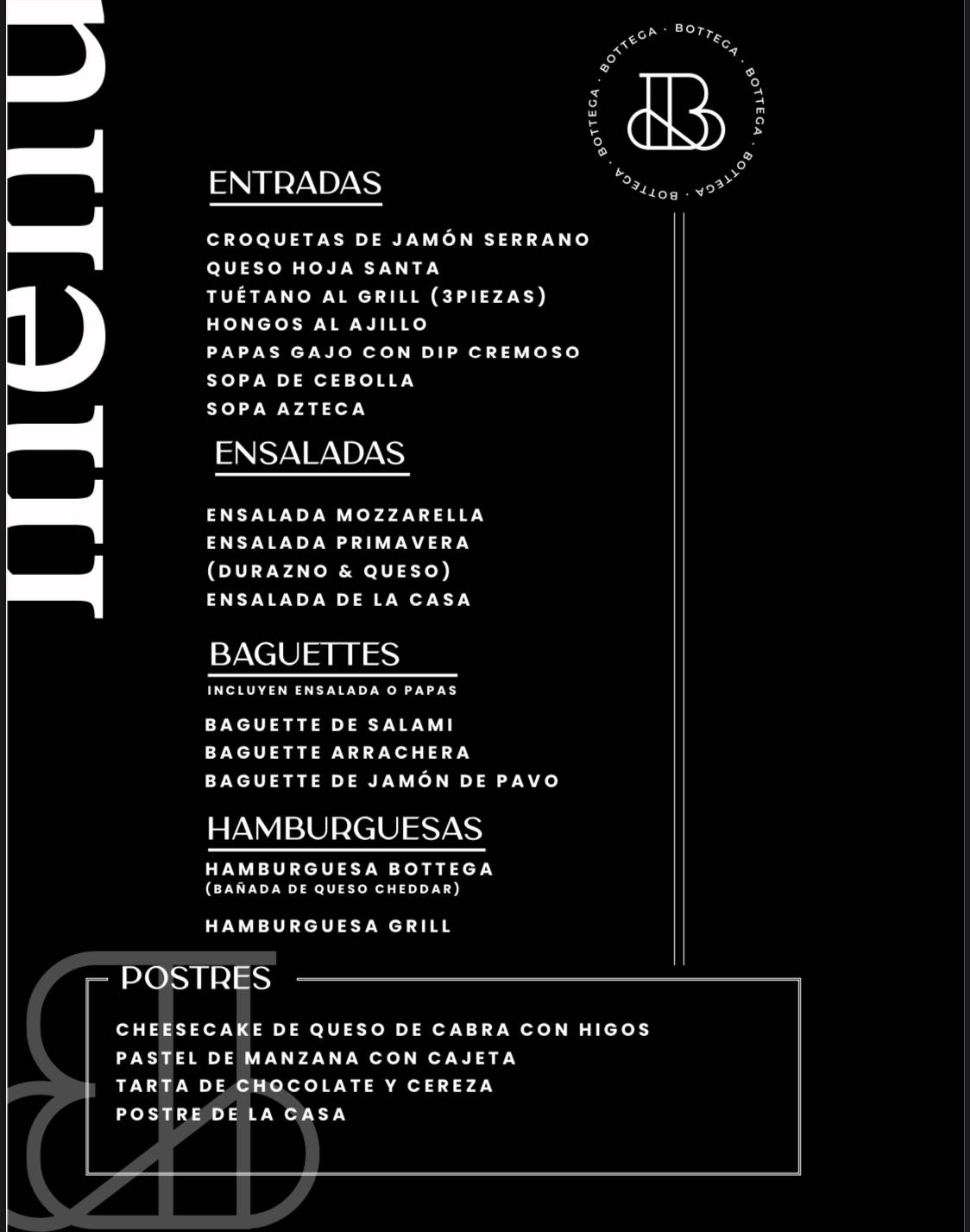 Menu at BOTTEGA restaurant, San Juan Bautista Tuxtepec