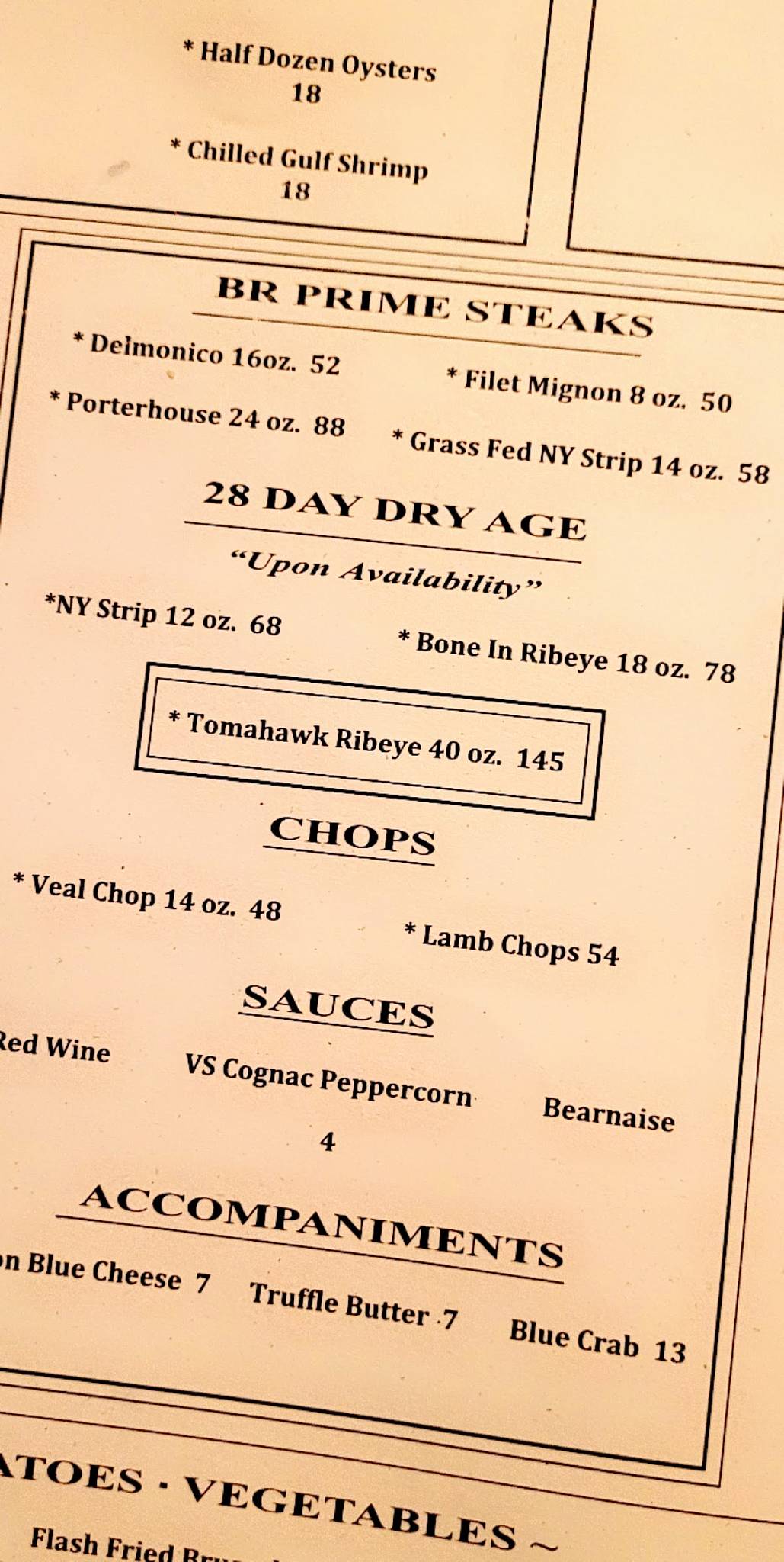 Menu at BR Prime steakhouse, Biloxi, 875 Beach Boulevard
