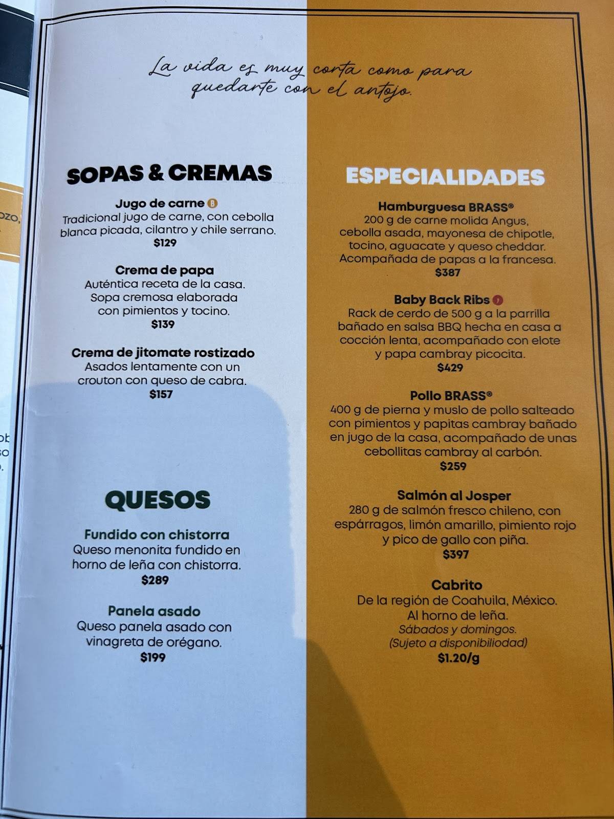 Menu at BRASS Cancún restaurant, Cancún