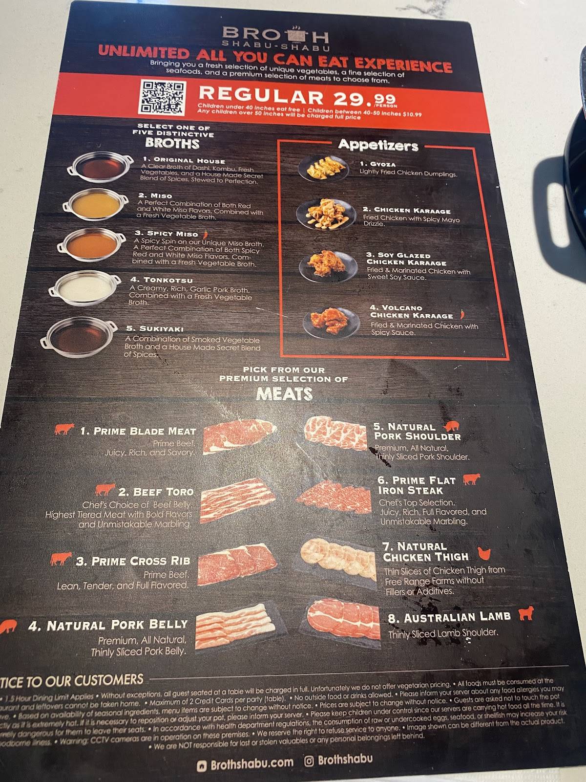 Menu at BROTH Shabu Shabu restaurant, Cerritos