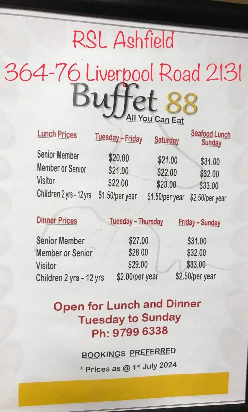 Menu at BUFFET 88 restaurant, Ashfield, 374 Liverpool Rd
