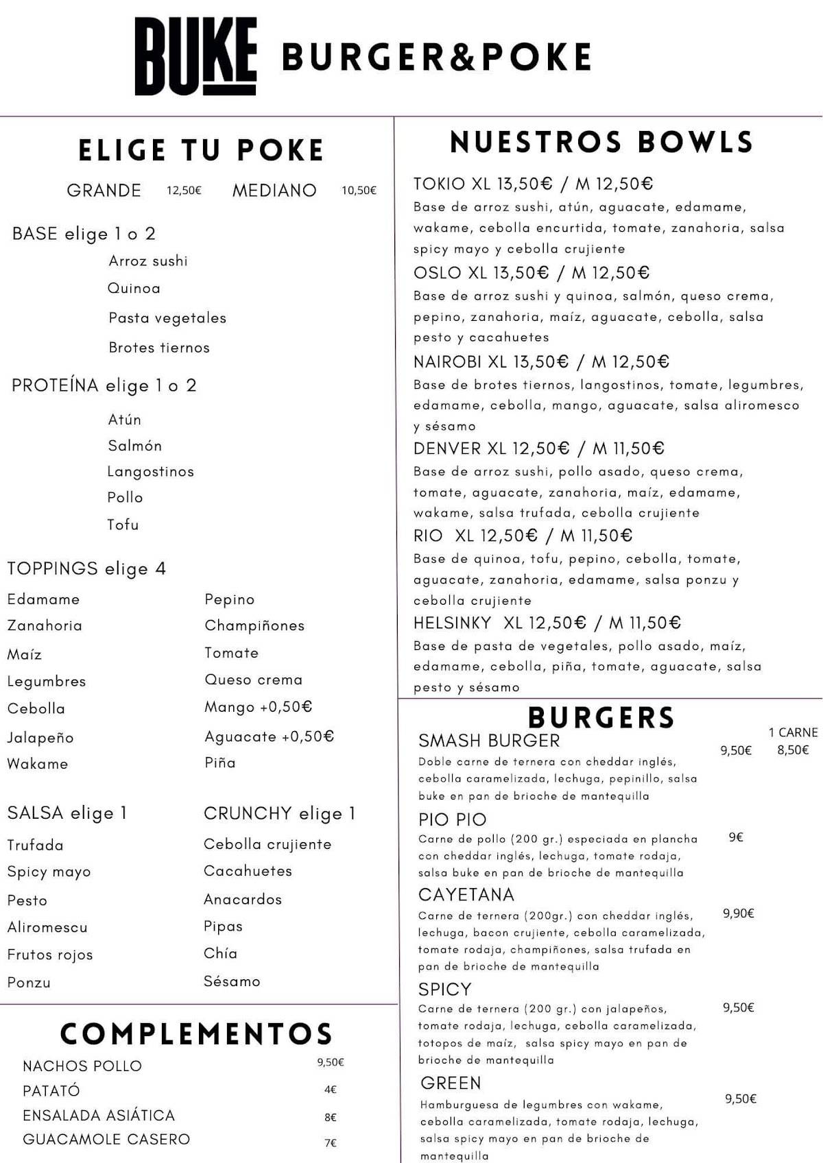 Carta del restaurante BUKE, Inca