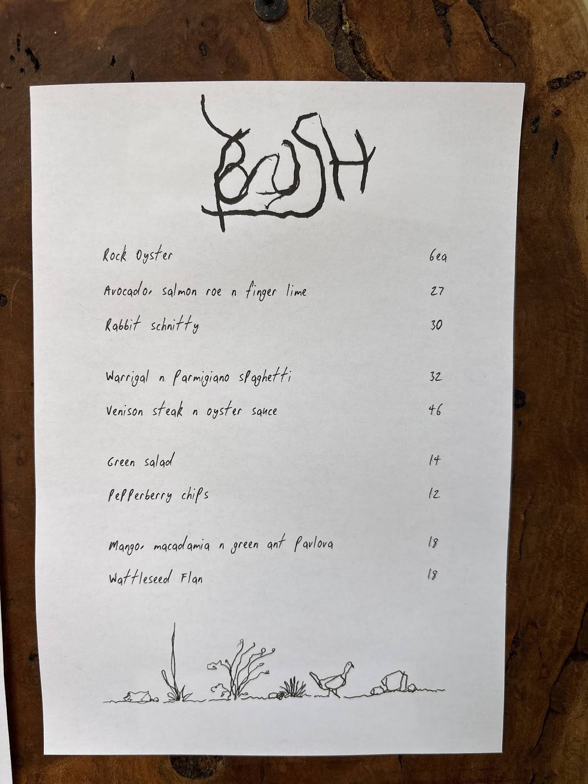 Menu at BUSH restaurant, Redfern