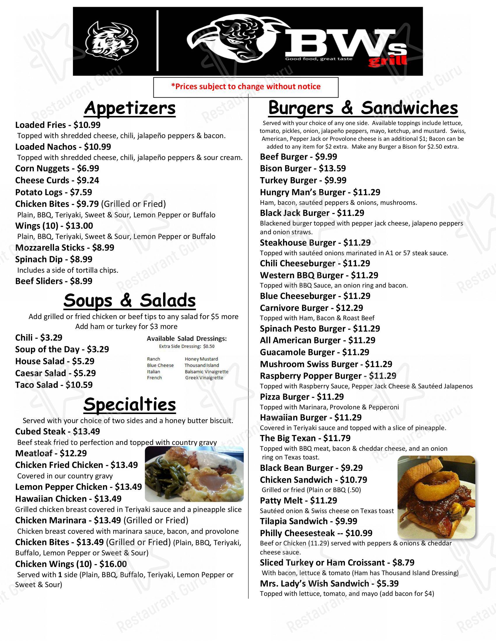 Menu at BW's Grill restaurant, Crawfordville