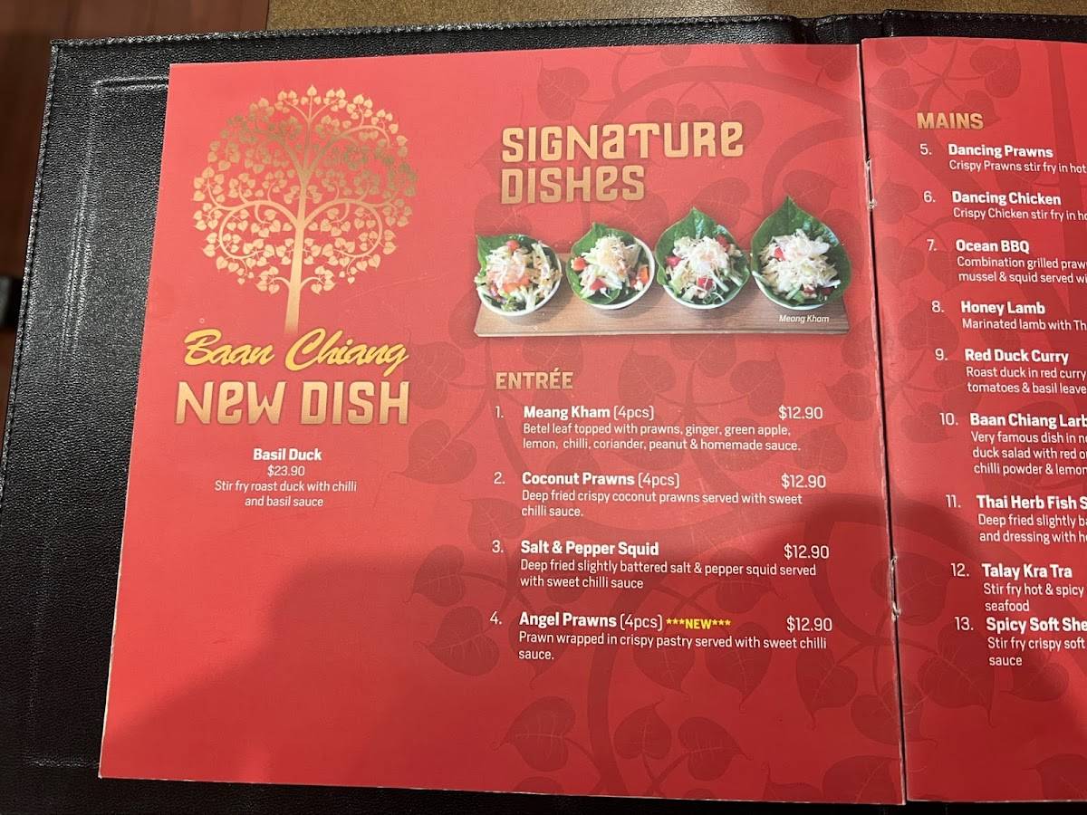 Menu at Baan Chiang restaurant, Rydalmere