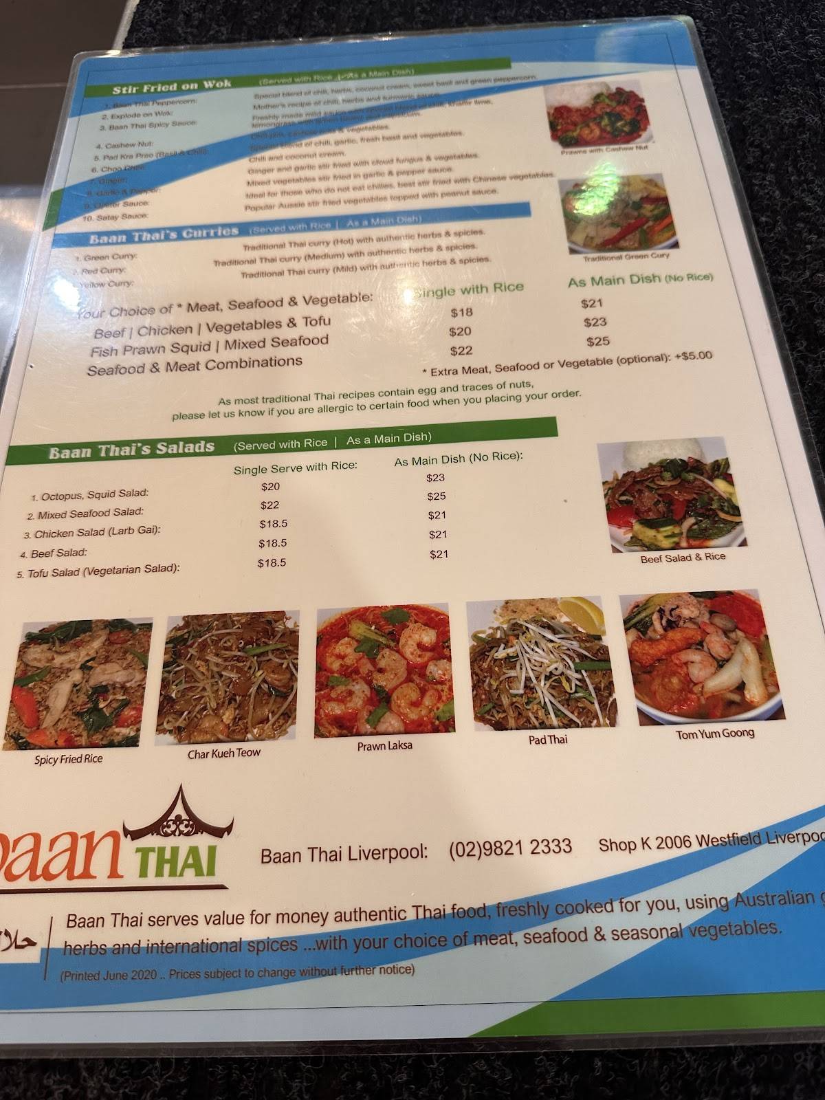 Menu at Baan Thai Liverpool restaurant, Liverpool