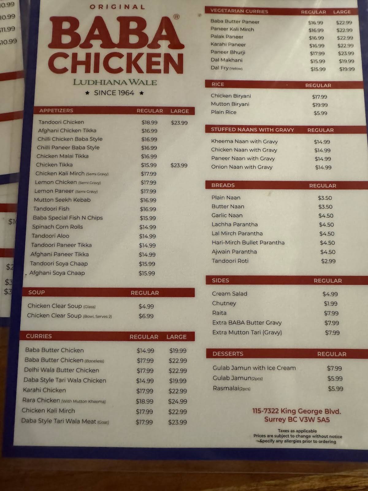 Menu at Baba Chicken restaurant, Surrey, King George Blvd #115