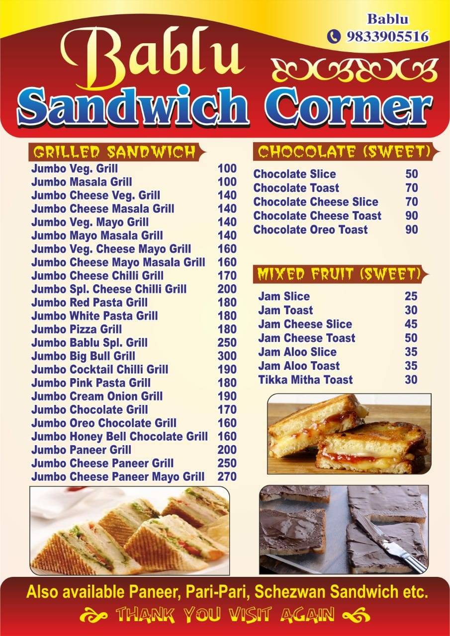 Menu at Babloo sandwich corner, Mumbai