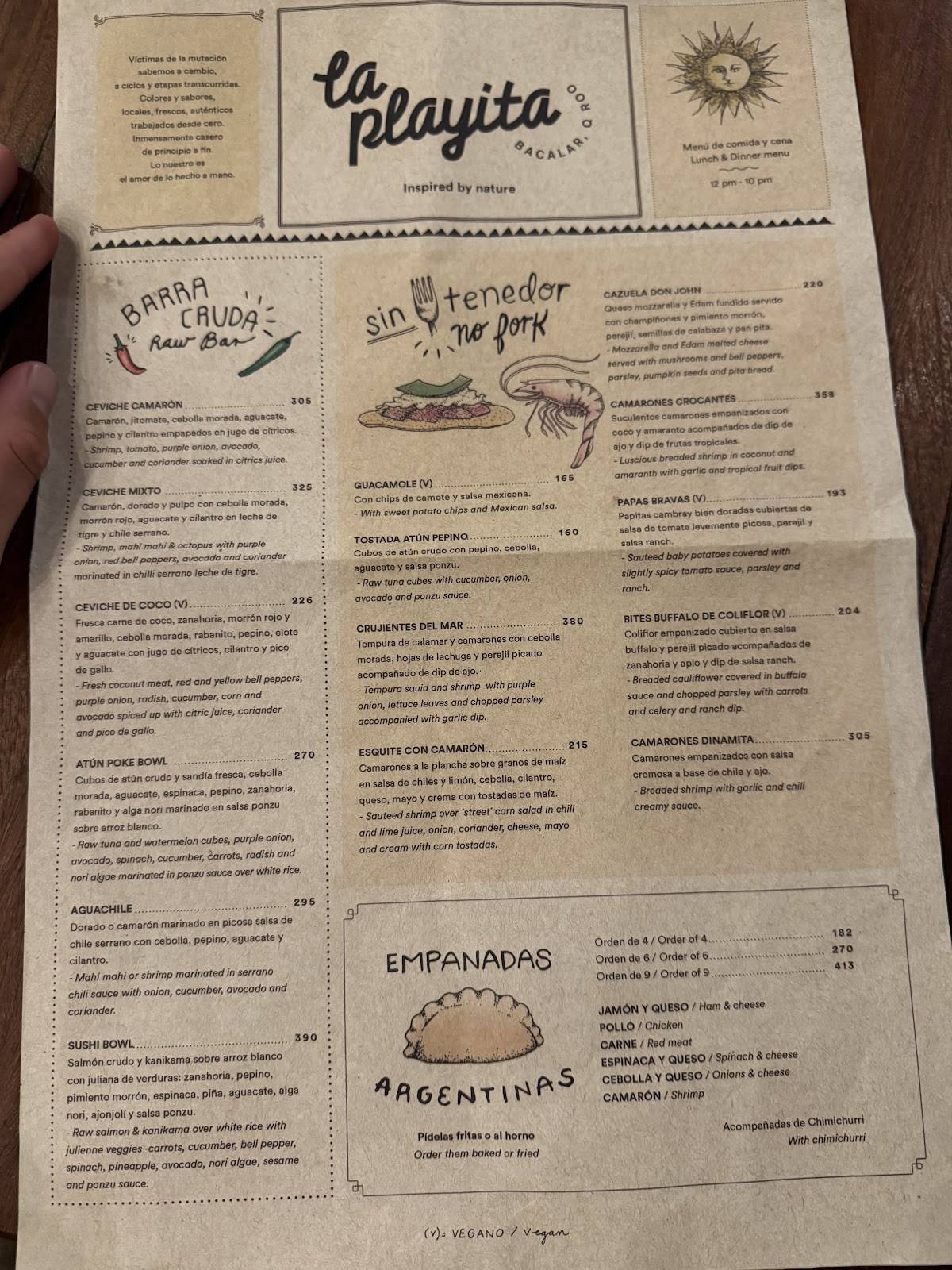 Menu at La Playita restaurant, Bacalar