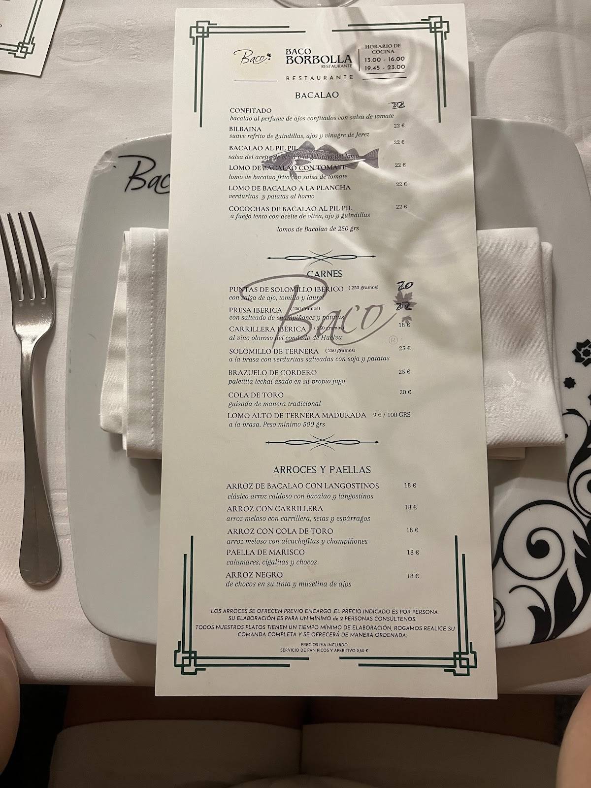 Carta del restaurante Baco Borbolla, Sevilla, Av. del la Borbolla