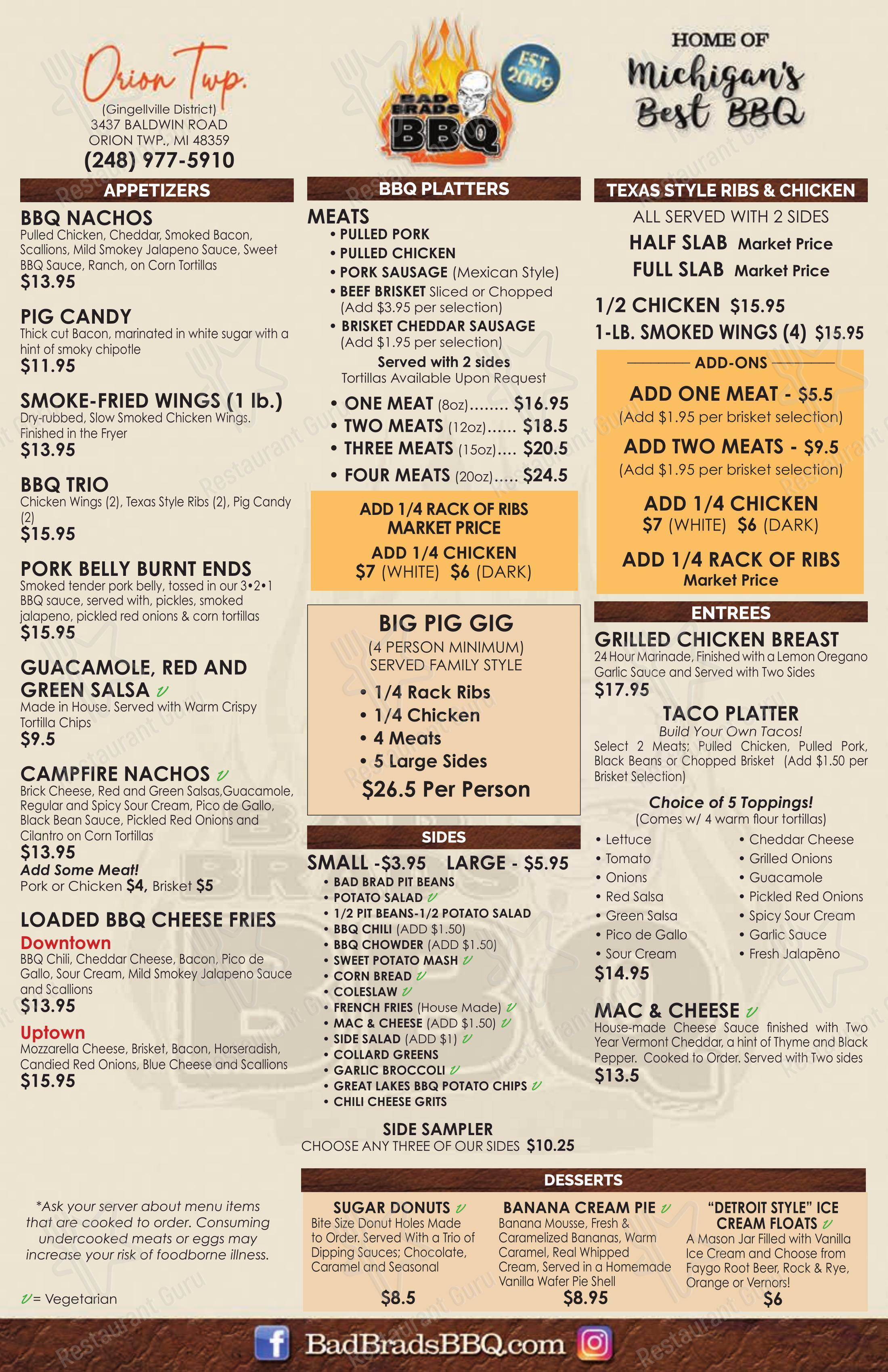 Menu at Bad Brads BBQ, Shelby charter Township