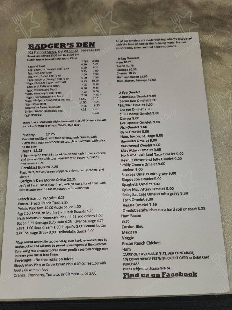 Menu at Badger's Den pub & bar, Kiel