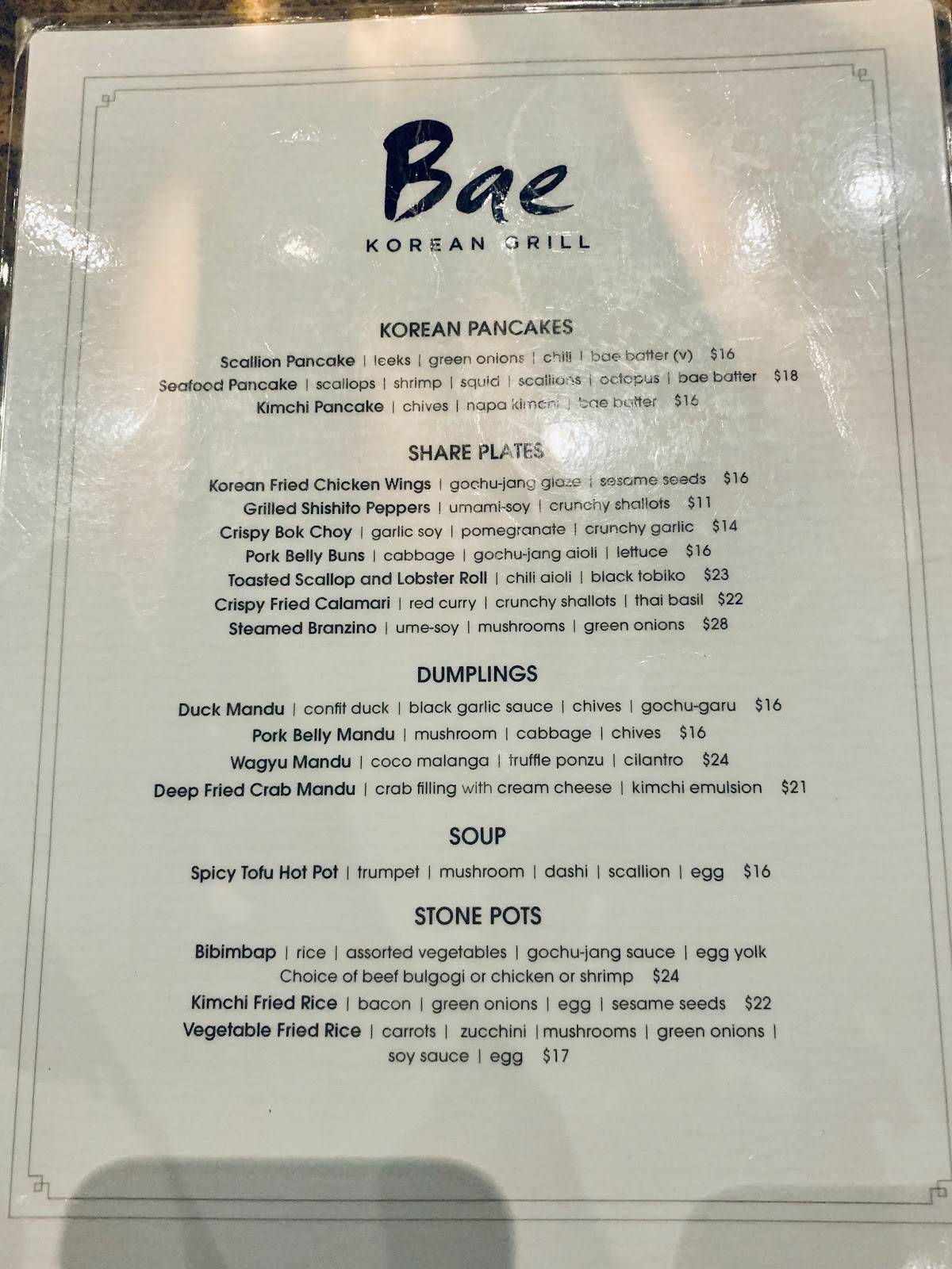 Menu at Bae Korean Grill BBQ, Hollywood