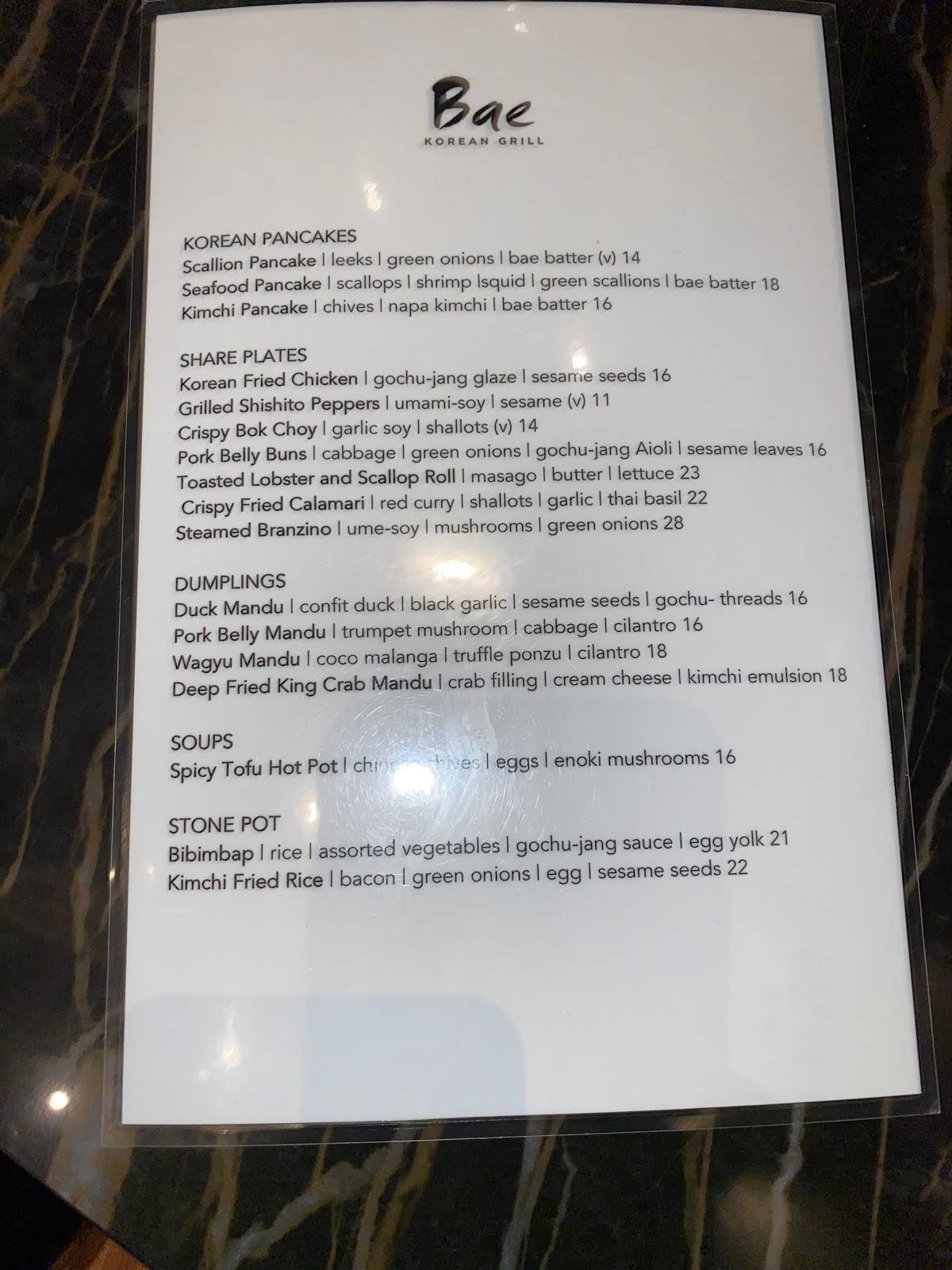 Menu at Bae Korean Grill BBQ, Hollywood