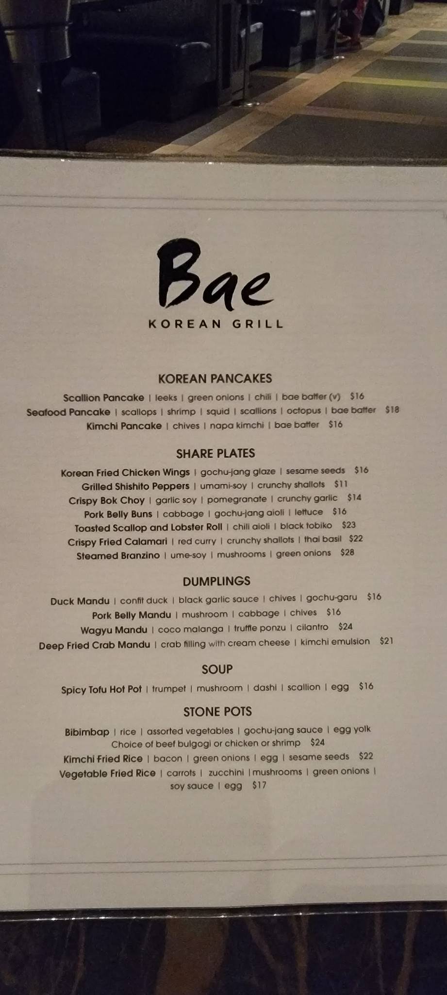 Menu at Bae Korean Grill BBQ, Hollywood