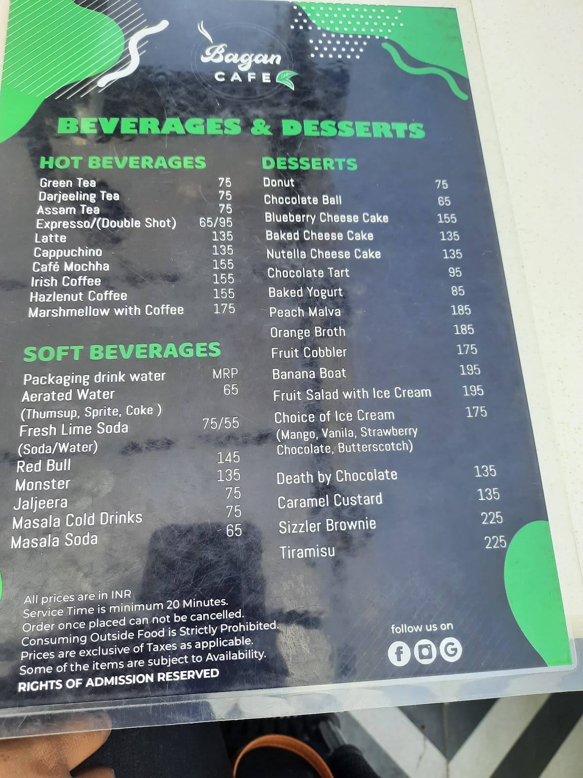 Menu at Bagan Cafe, Bhubaneswar, Plot No 366/7077