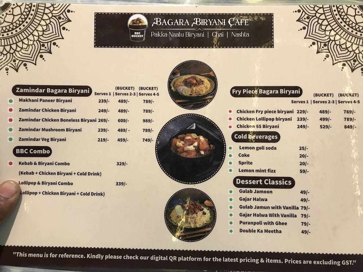 Menu at Bagara Biryani cafe, Bengaluru, Pardha Enclave