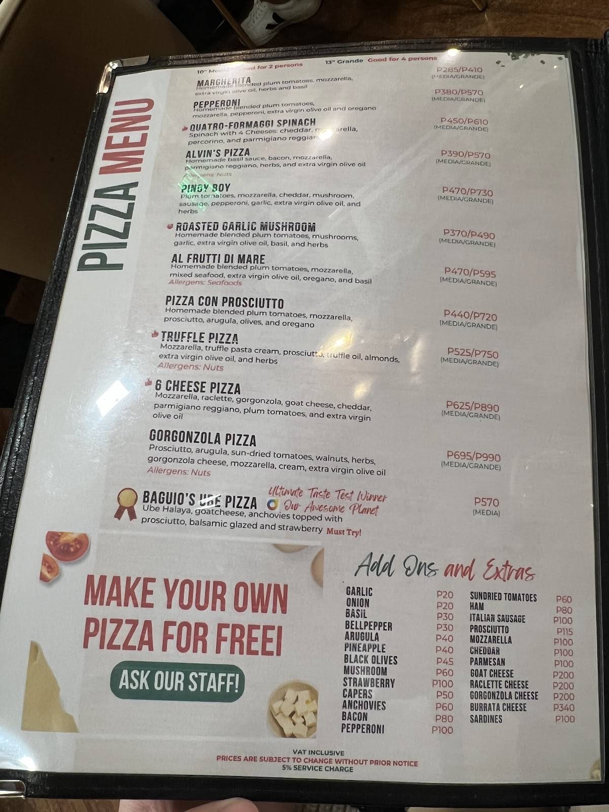 Menu at Amare La Cucina pizzeria, Baguio
