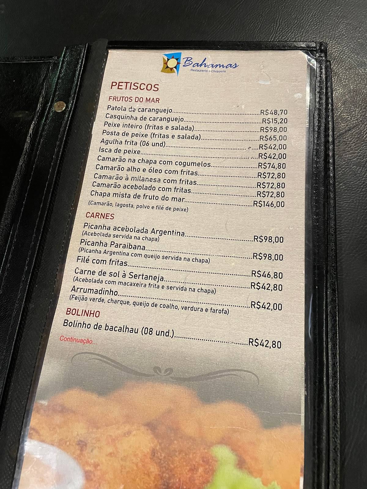 Menu at Bahamas restaurant, João Pessoa, Av. João Maurício