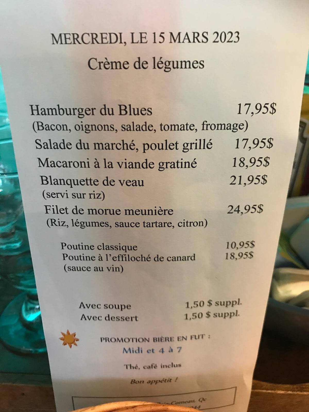 Menu au Le Blues restaurant, Baie-Comeau