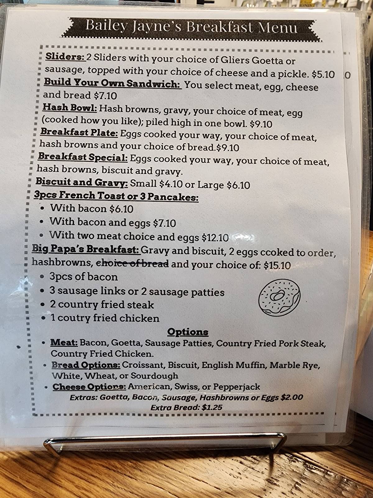Menu at Bailey Jaynes Bakery & Cafe, Walton