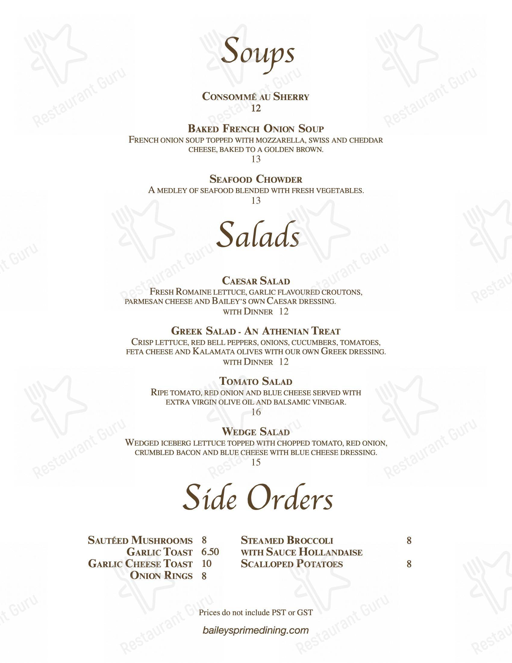 Menu at Bailey's Restaurant, Winnipeg, 185 Lombard Ave