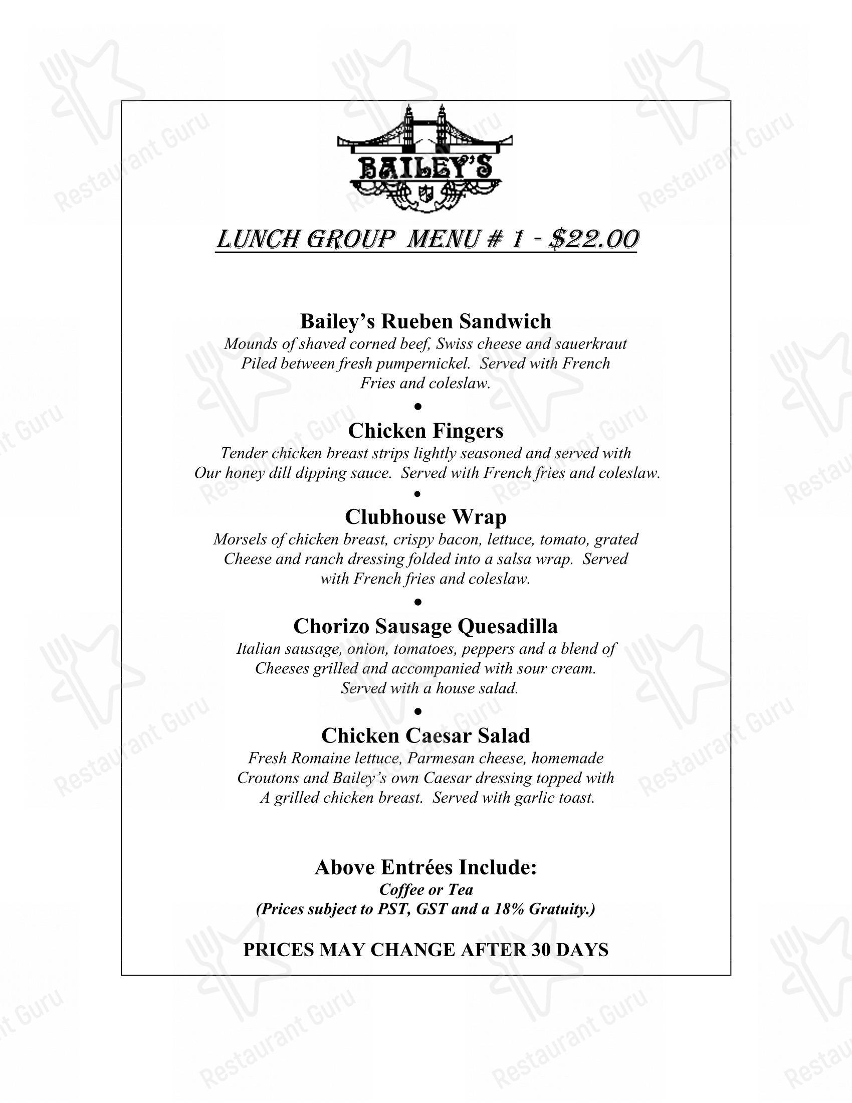 Menu at Bailey's Restaurant, Winnipeg, 185 Lombard Ave