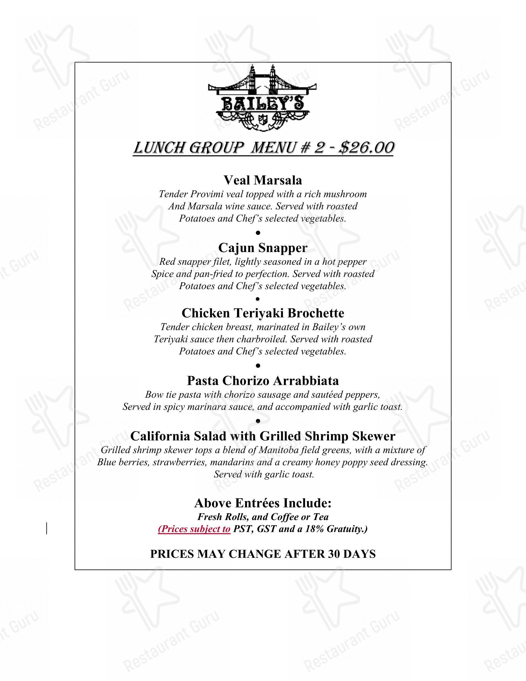 Menu at Bailey's Restaurant, Winnipeg, 185 Lombard Ave