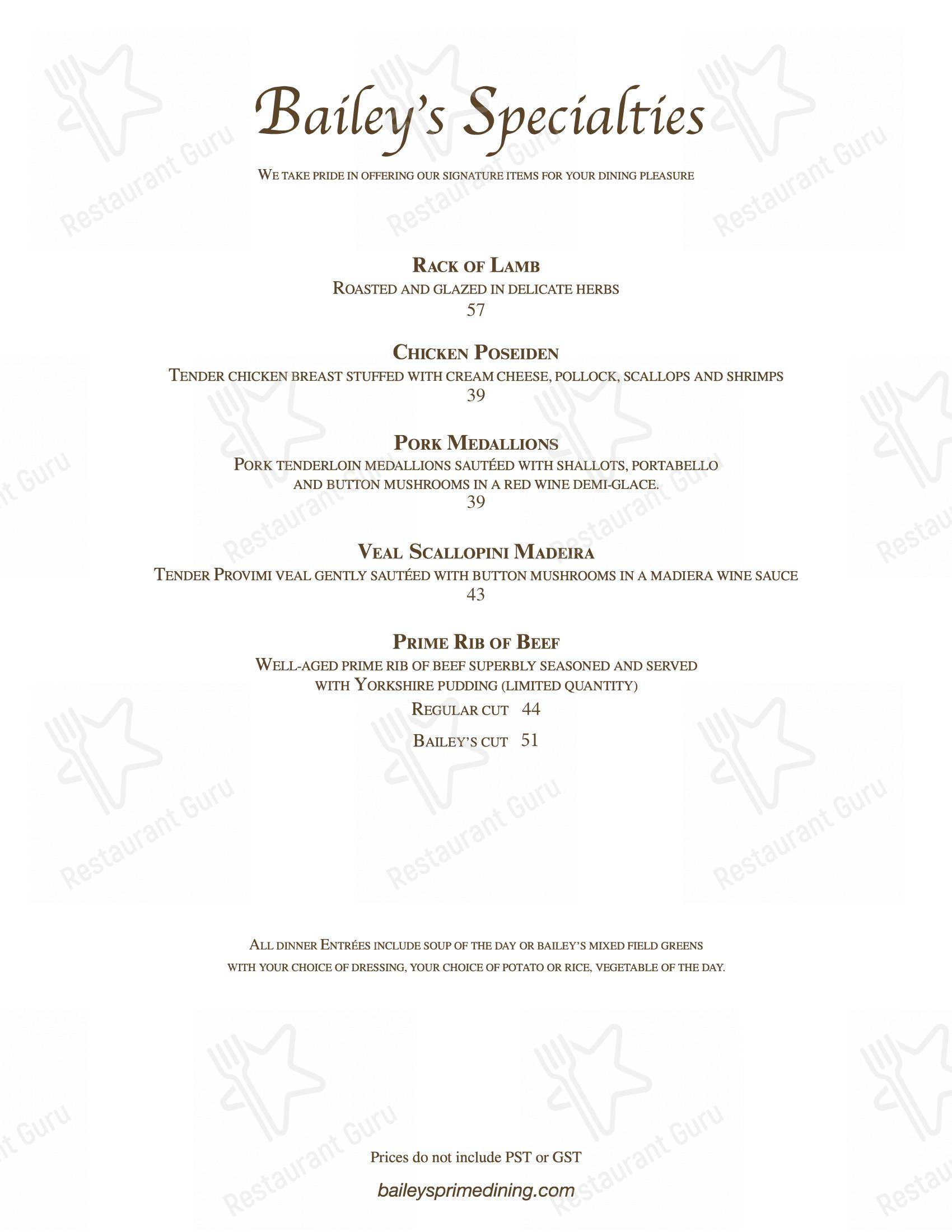 Menu at Bailey's Restaurant, Winnipeg, 185 Lombard Ave