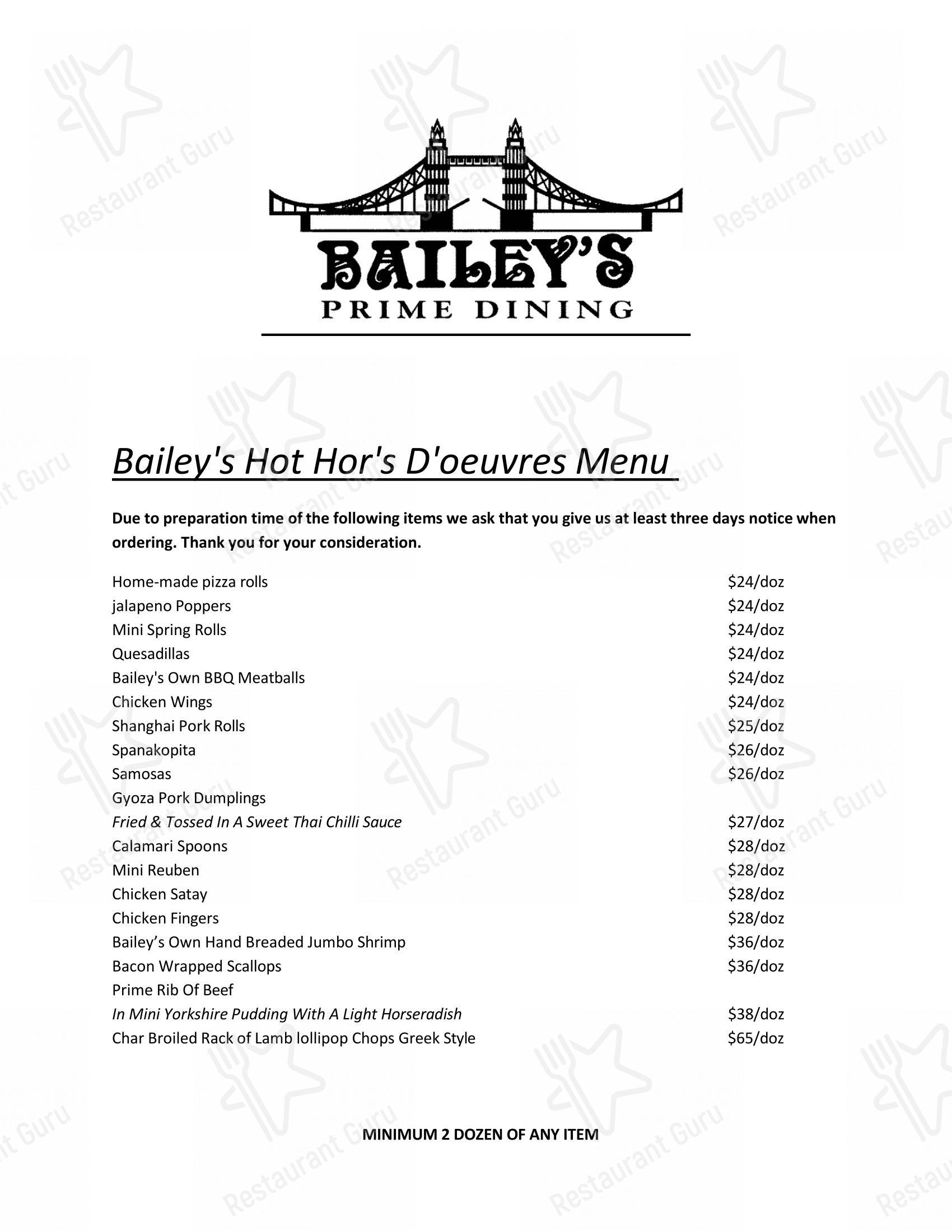Menu at Bailey's Restaurant, Winnipeg, 185 Lombard Ave