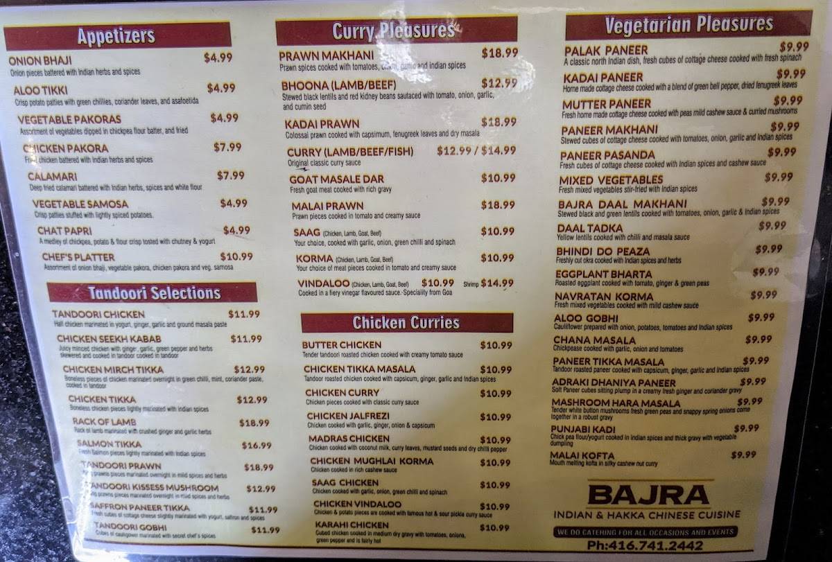 Menu at Bajra Fine Indian Cuisine restaurant, Toronto