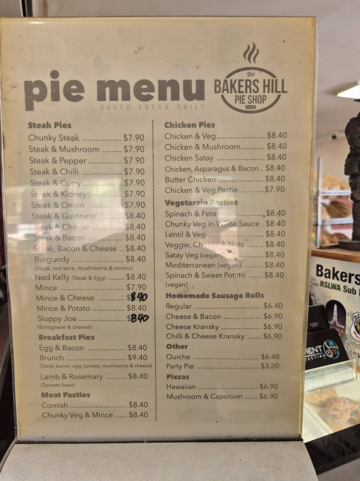 Menu at Bakers Hill Pie Shop restaurant, Bakers Hill