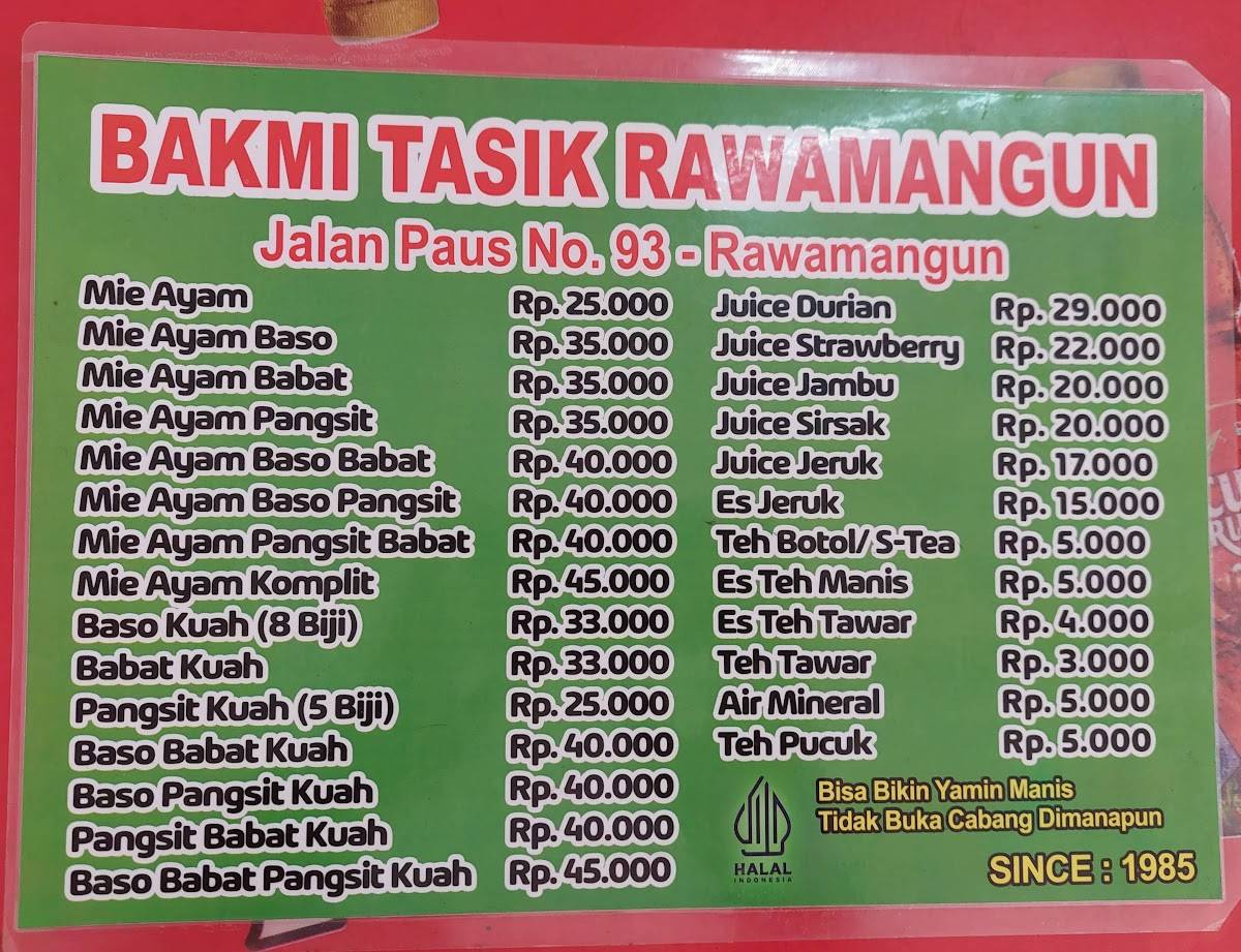 Menu at Bakmi Tasik restaurant, East Jakarta, Jl. Paus No.93