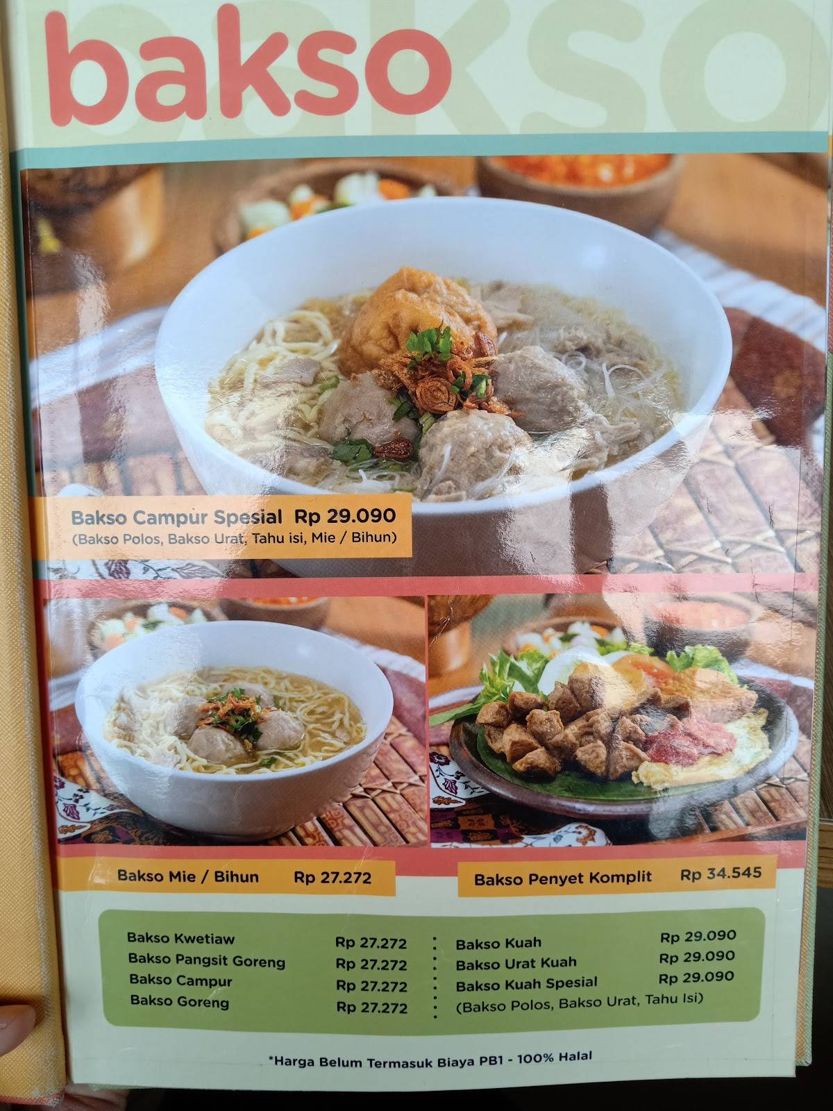 Menu at Bakso lapangan tembak restaurant, Limus Nunggal