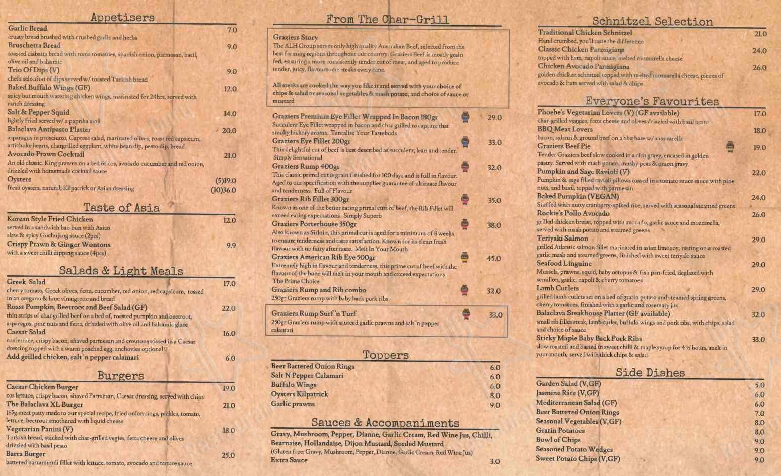 Menu at Balaclava Hotel pub & bar, Earlville