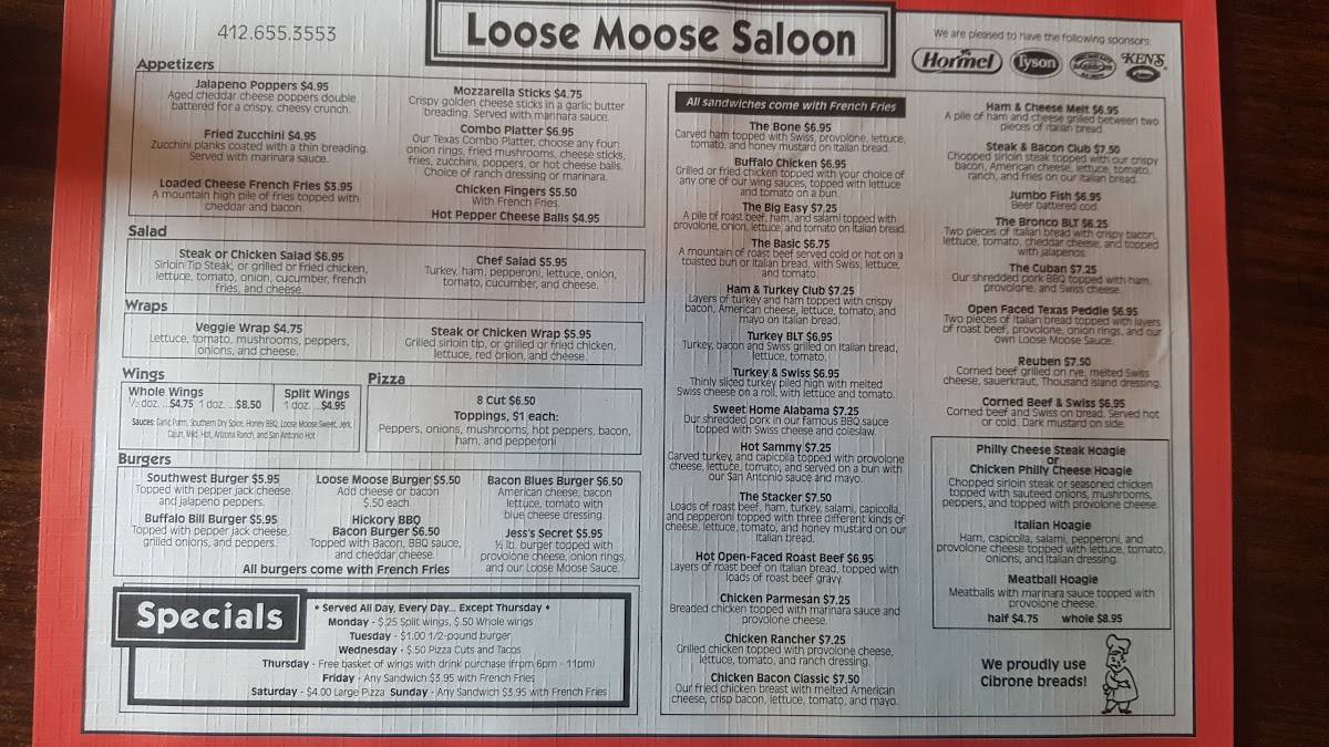 Menu at Loose Moose Saloon pub & bar, Baldwin