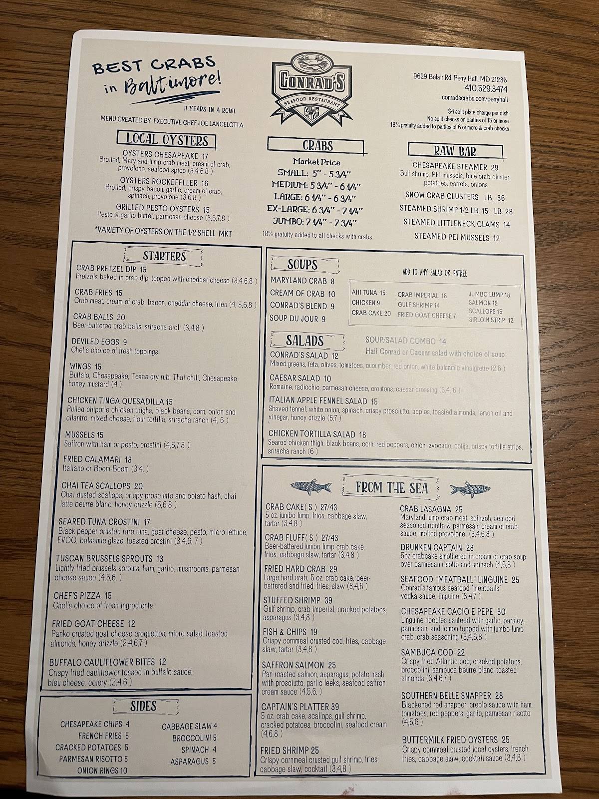 Menu at Conrad's Seafood Restaurant, Perry Hall