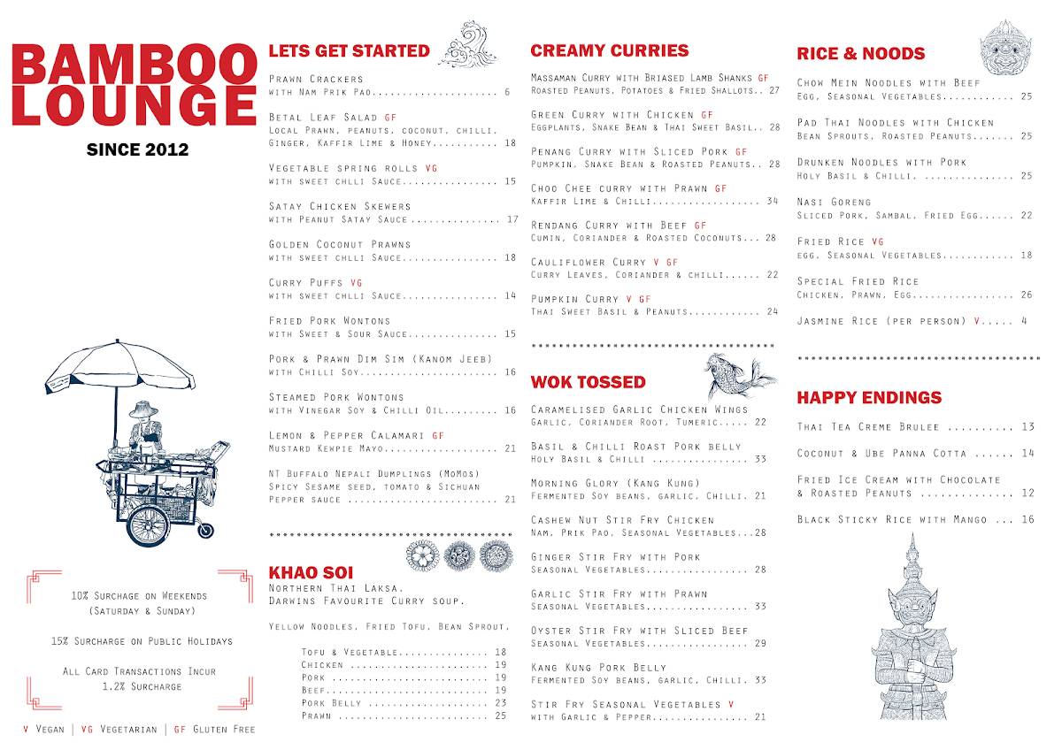 Menu at Bamboo Lounge restaurant, Stuart Park