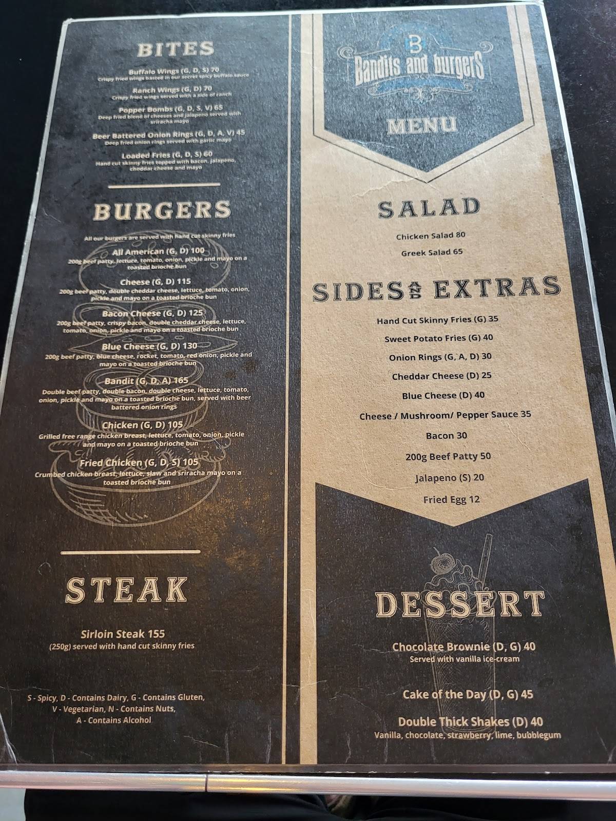 Menu at Bandits & Burgers Sea Point restaurant, Cape Town