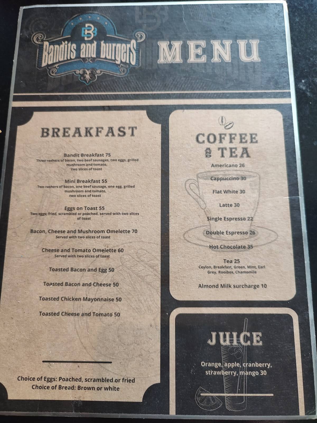 Menu at Bandits & Burgers Sea Point restaurant, Cape Town