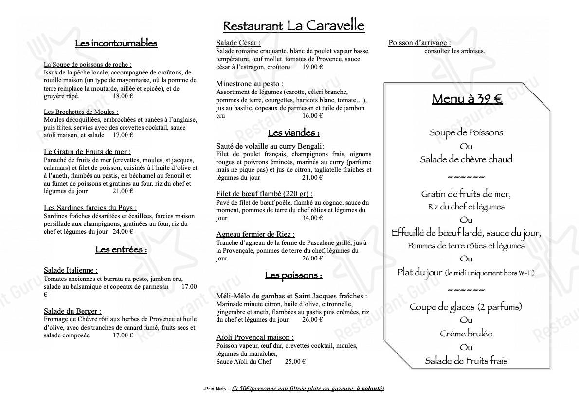 Menu au LA CARAVELLE BANDOL restaurant, Bandol, 43 Quai Charles de Gaulle