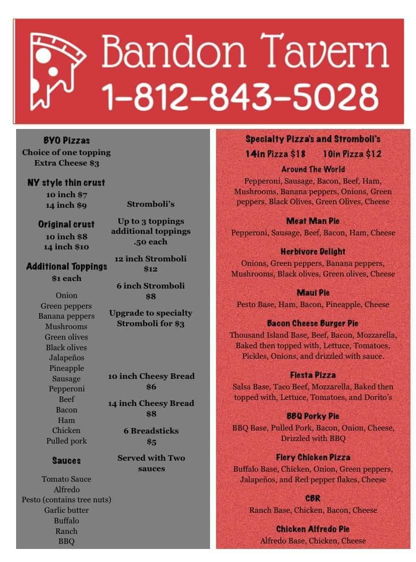 Menu at Bandon Tavern pizzeria, USA, Old State Rd 37